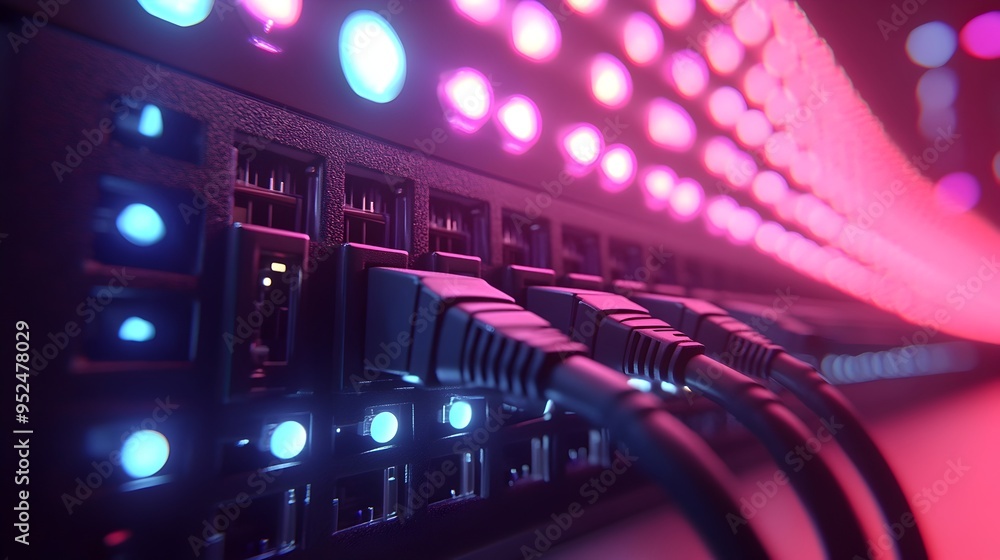 RJ45 Connectors Plugged Into Network Switch With Fiber Optic Cables ...