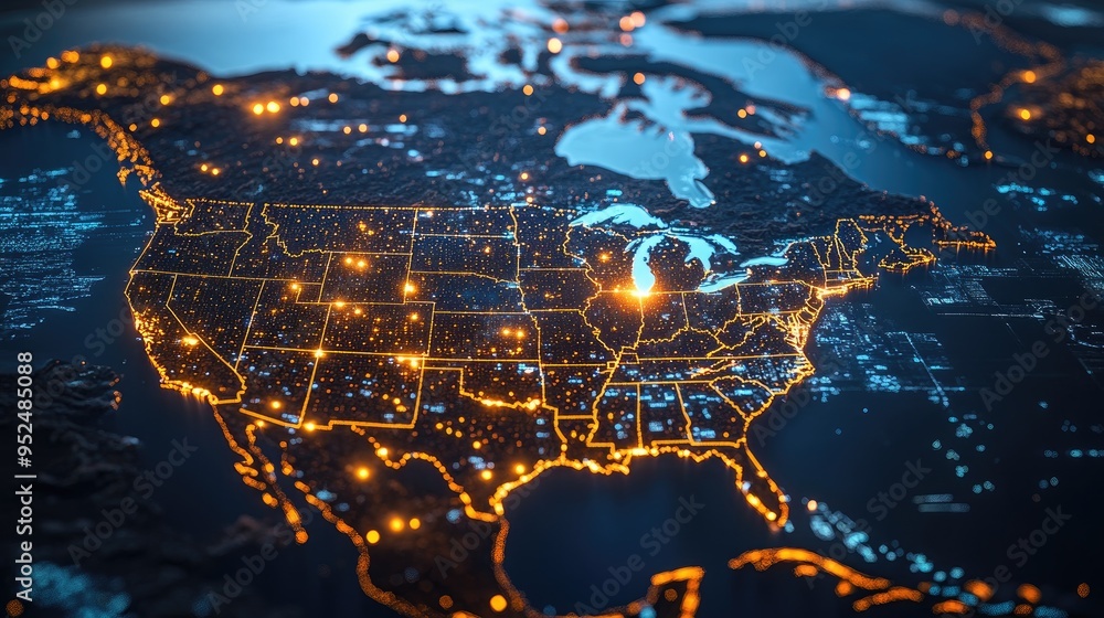 Digital North America map with glowing cityscapes and technology ...