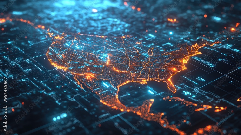 Digital North America map with glowing cityscapes and technology ...