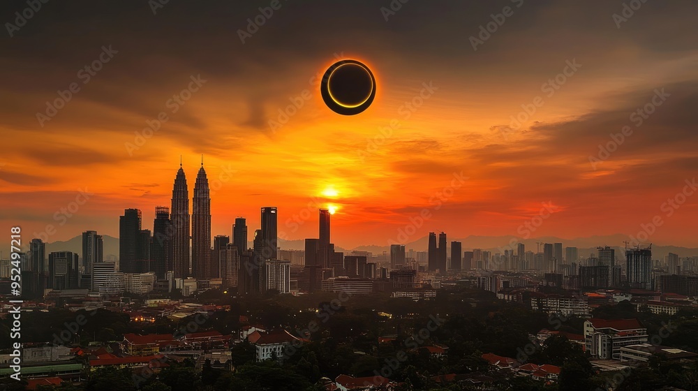 Kuala Lumpur skyline under the dramatic colors of a partial annular ...