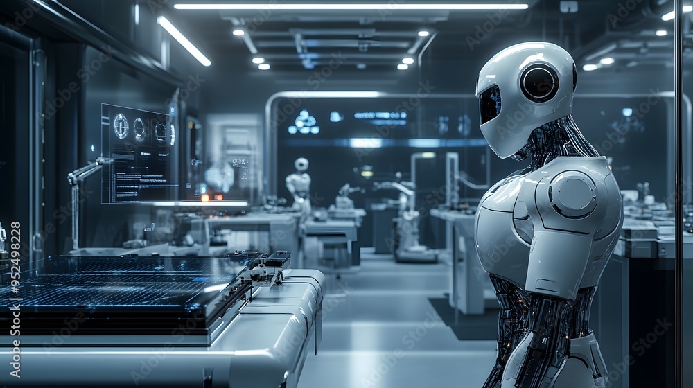 High-tech lab with robotic parts being assembled and holographic ...