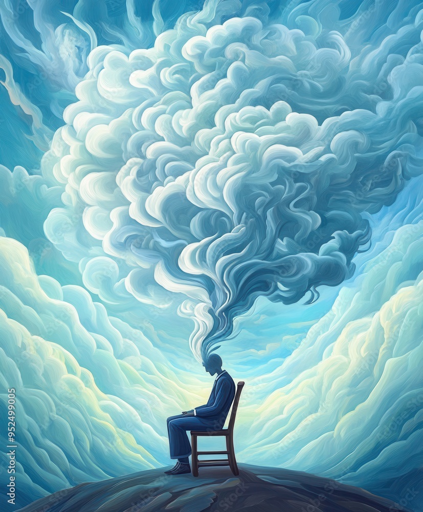 Surreal artwork of a person sitting on a chair with clouds emanating ...