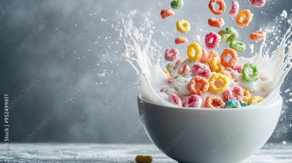 Milk and colorful cereal loops splash into a bowl, creating a dynamic ...