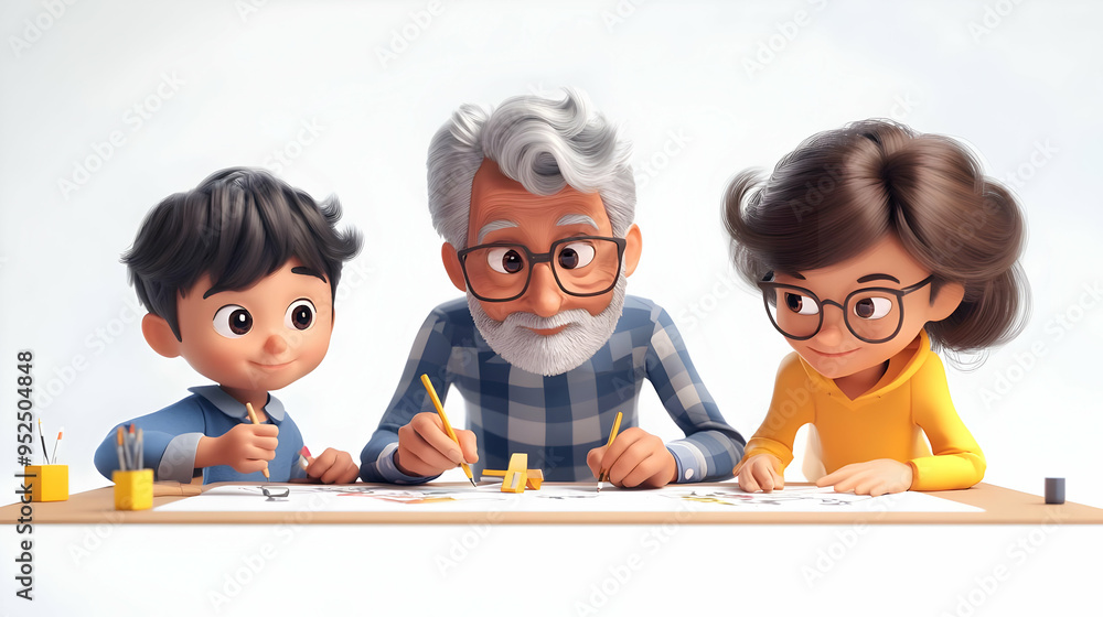 3D Grandparents and Grandchildren Drawing Together concept as A candid ...