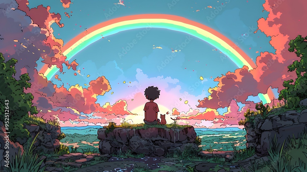 A cartoon of a boy and his cat sitting on a bridge made of rainbows ...