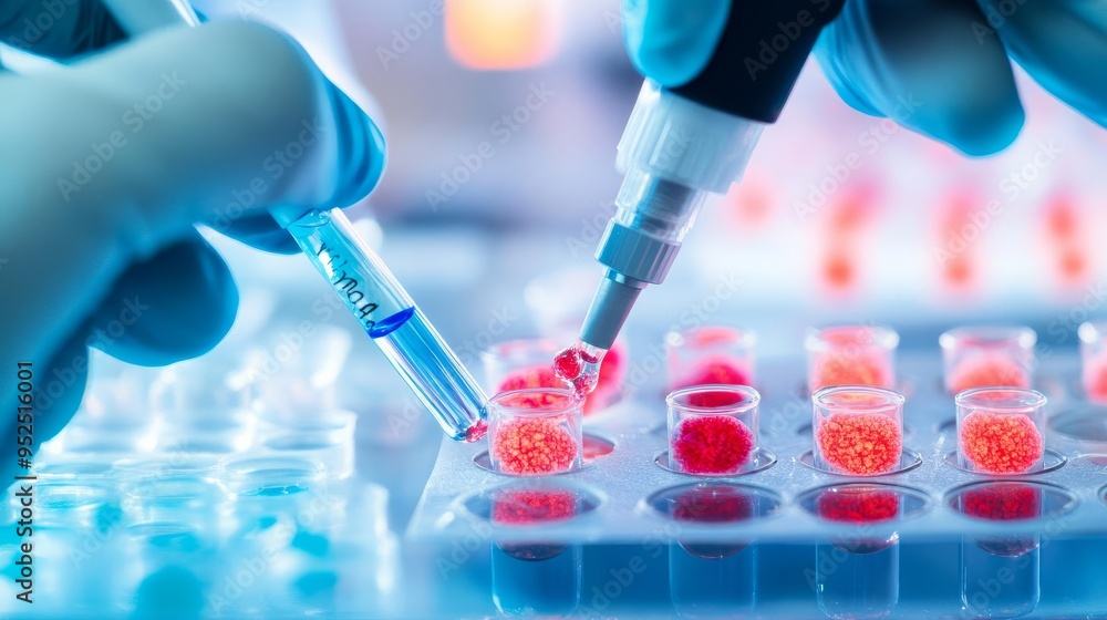 Scientist staining cells with dyes to observe structural components, cell visualization, imaging ...