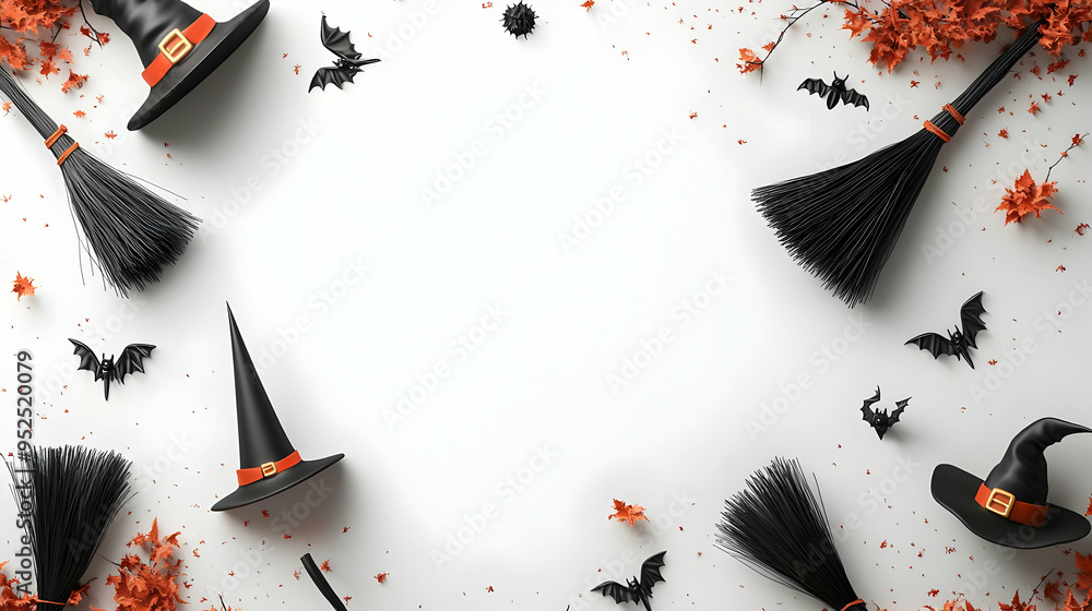 3D Witchs Broom and Hat Border with Fly Text concept as A whimsical ...