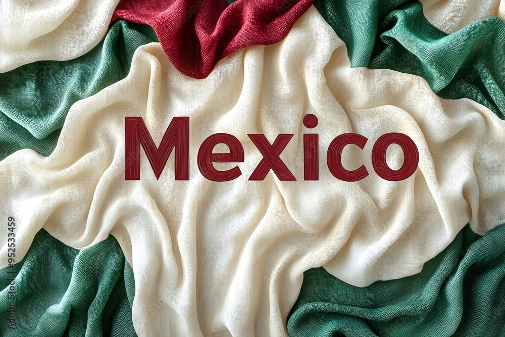 Telas con pliegues en colores verde, blanco y rojo con la palabra ...