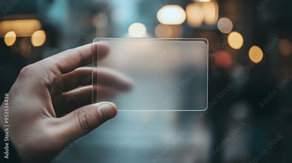 A mockup featuring a hand holding a blank translucent card with rounded ...