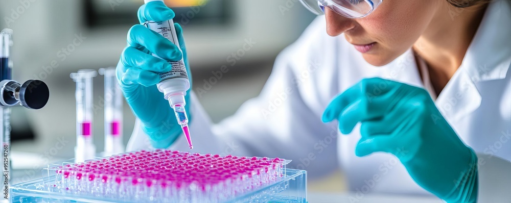 Lab technician performing serial dilutions for cell seeding ...