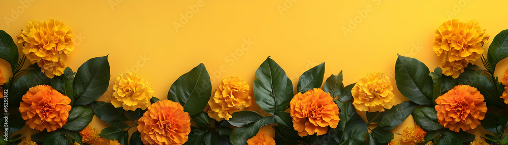 Marigold and Mango Leaves Garland Frame concept as Vertical frame with ...