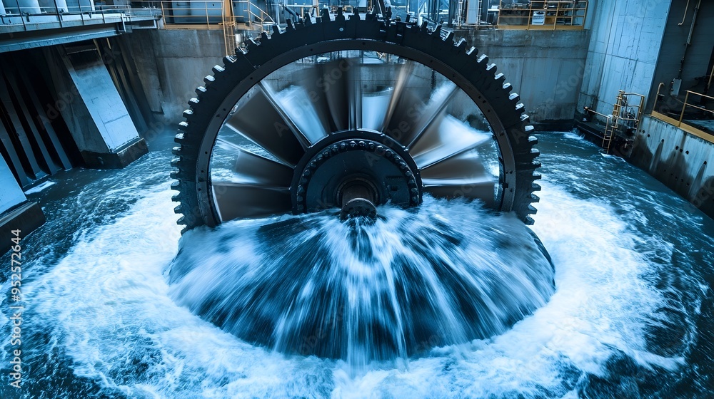 Closeup view of a spinning water turbine inside a hydroelectric power ...