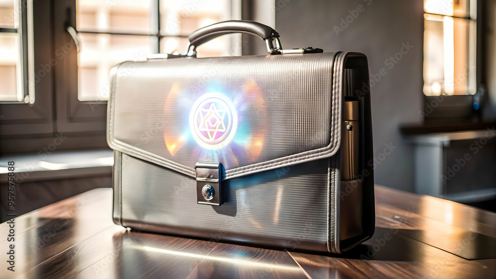 3D Holographic briefcase with Labh Pancham symbol and copy space ...