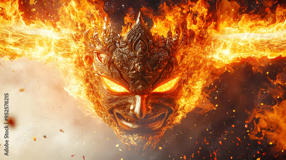 3D Ravana Mask and Flaming Sword Frame concept as Horizontal frame with ...