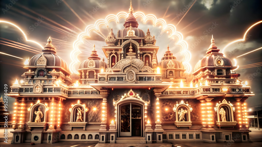 Glowing abstract art of a digital temple with Labh Pancham symbols ...