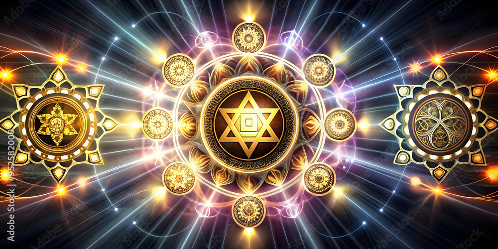 3D Glowing abstract digital art of Labh Pancham with sacred symbols ...