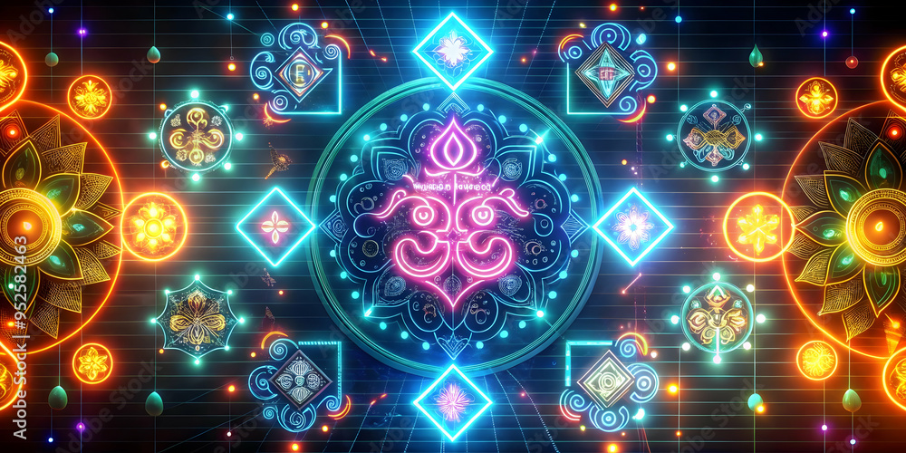 Neon abstract digital art of Labh Pancham prosperity with glowing ...