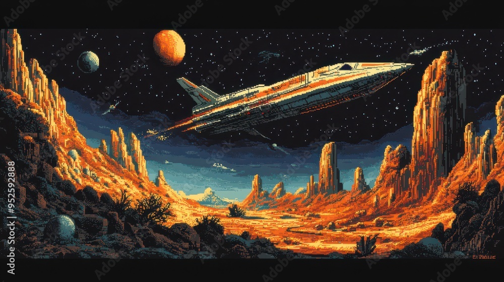 Pixelated 16-bit spaceship hovering above a pixelated alien landscape ...