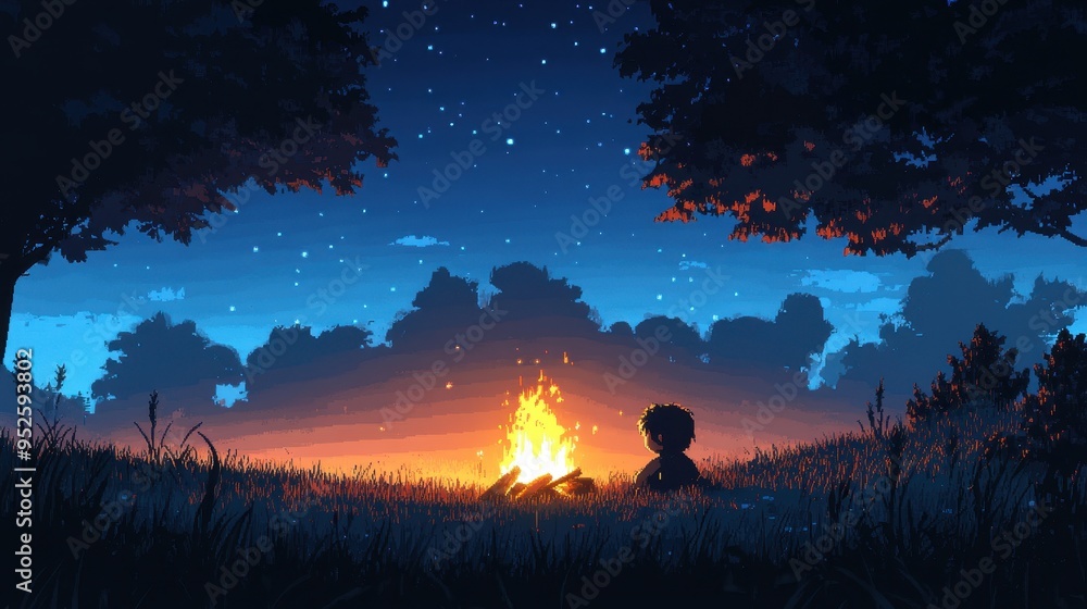 Pixelated Nostalgic Adventure: 16-Bit Character by Campfire under Night ...