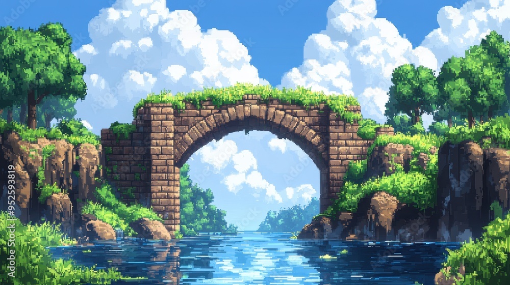 Retro Pixelated River Scene with Bridge in 8-Bit Style for Exploration ...