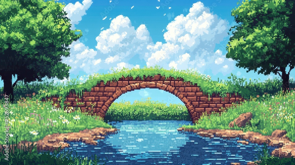 8-Bit Pixel River Crossing: Retro Exploration Game Scene with Bridge ...