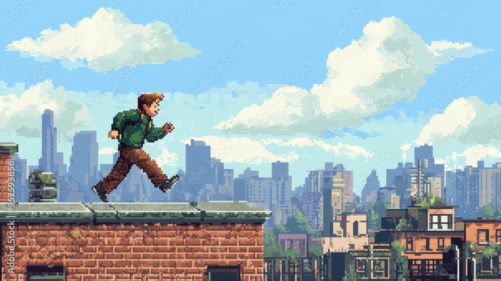 Retro Pixel Art Character Running on Rooftop in Nostalgic Urban ...