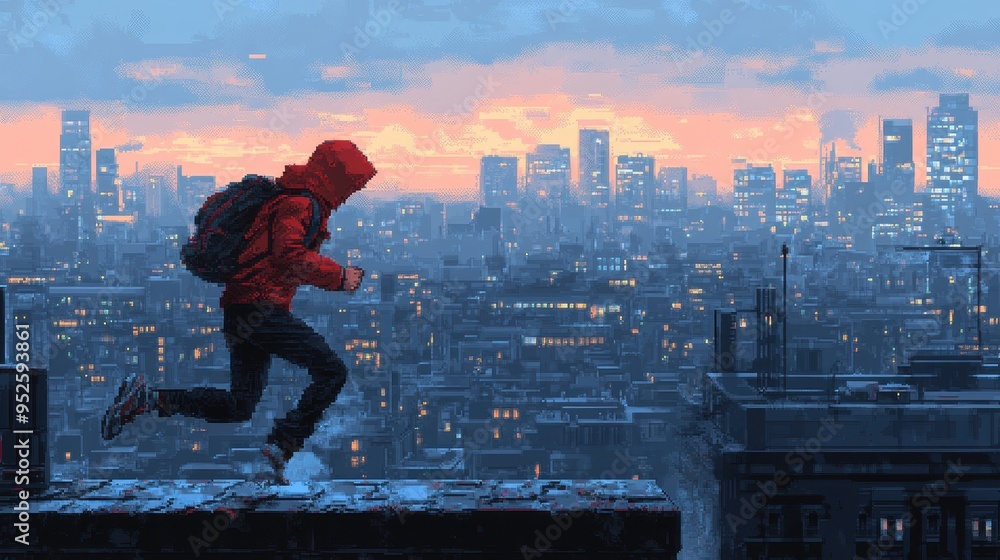 Retro Pixelated Character Running on Rooftop - Nostalgic Urban ...