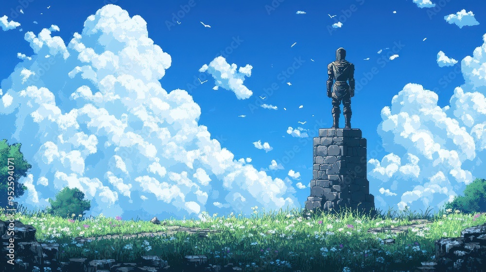 Brave Pixelated Knight on 16-Bit Battlefield with RPG Theme and Sky ...