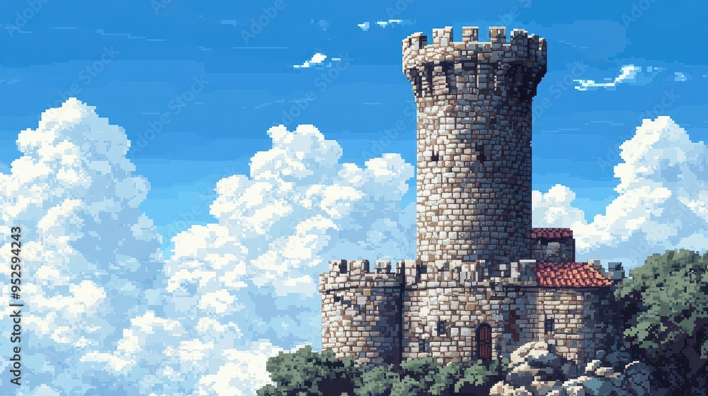 Mystical 16-Bit Pixelated Castle Illustration with Tower, Fantasy Game ...