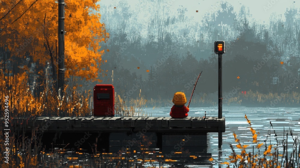 Nostalgic Pixelated Character Fishing at 16-Bit Dock with Water Copy ...