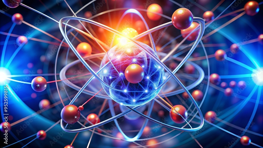 Vibrant 3D illustration of an atom's molecular structure, with glowing ...