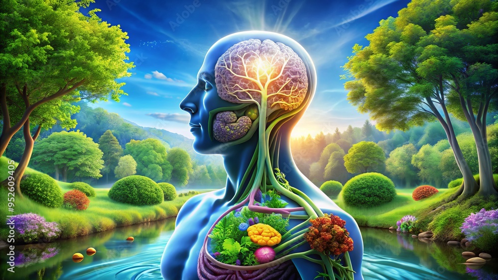 Vibrant illustration of a human gut and brain interconnected ...
