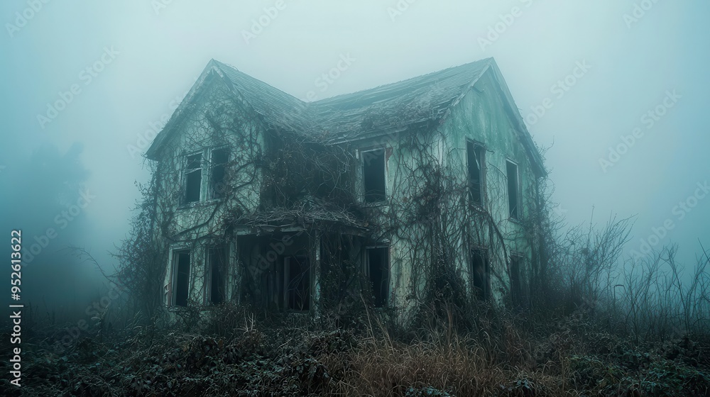 An abandoned, dilapidated house with overgrown vines and shattered ...
