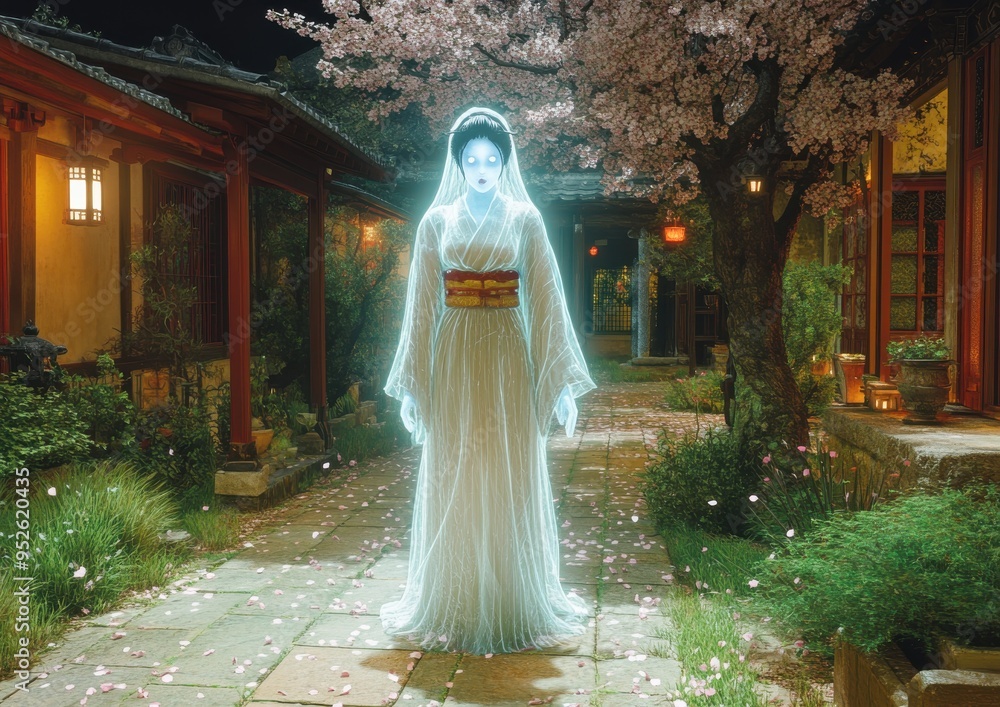 Ethereal Spirit in Traditional Japanese Garden at Night with Cherry ...