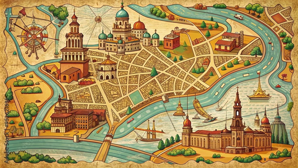 Vintage-style illustration of Kiev city map with notable landmarks ...