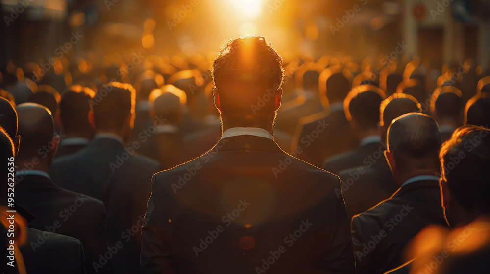 Crowd of people, businessmen, rear view, sitting at a collective event ...