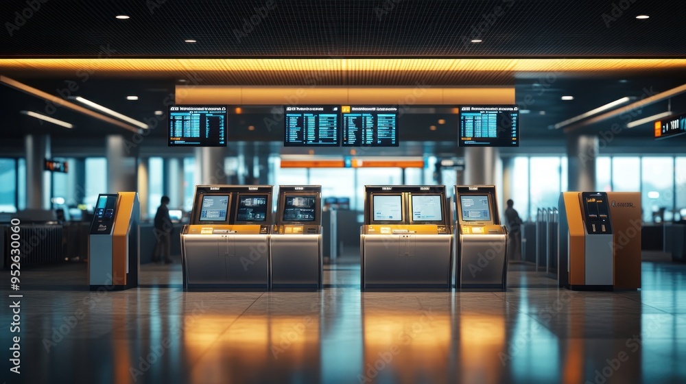 An airport check-in counter with kiosks and flight information. Focus ...