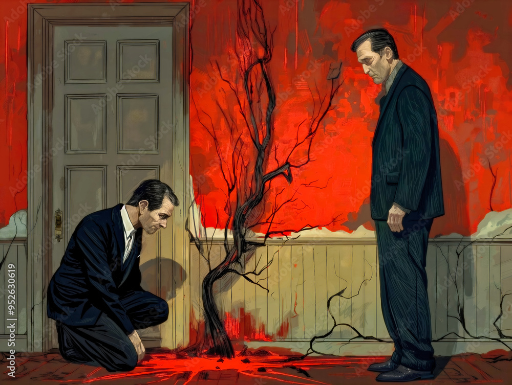 Two men are kneeling in front of a tree that is on fire. One man is ...