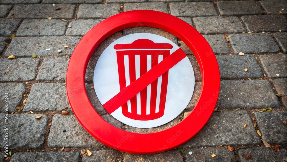 A bold red symbol with a slashed circle surrounds a discarded trash can ...