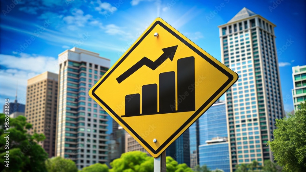 A brightly colored road sign displaying a growing chart icon and an ...