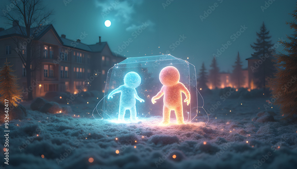 In a surreal and dynamic landscape, two bright, flashing holographic ...