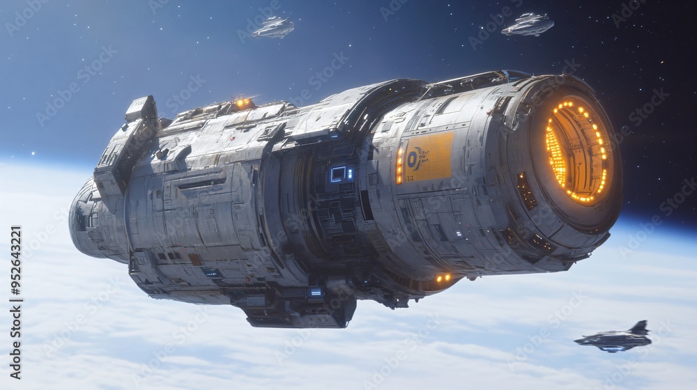 Cylindrical spacecraft above planet atmosphere. Orbital station ...