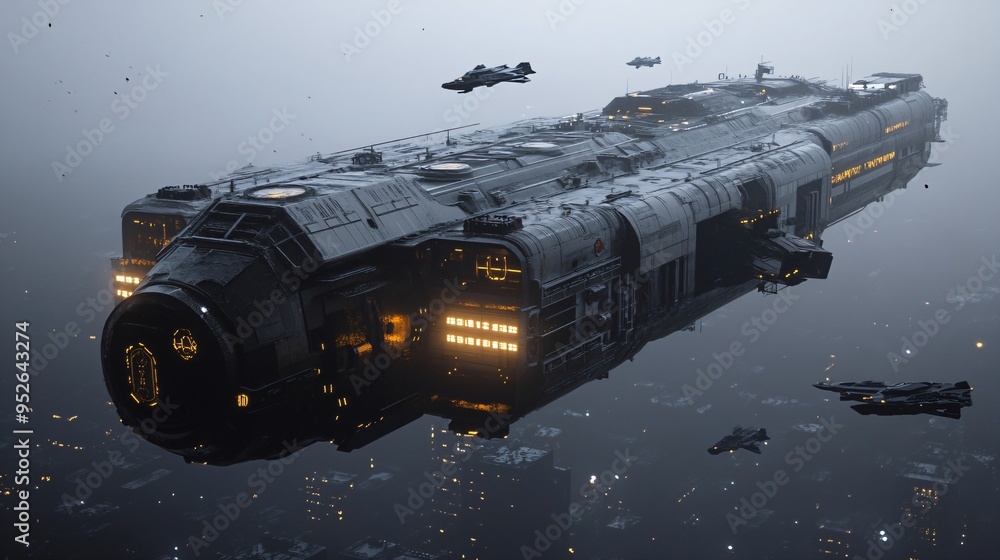 Massive spaceship with escort fighters above planet. Interstellar fleet ...