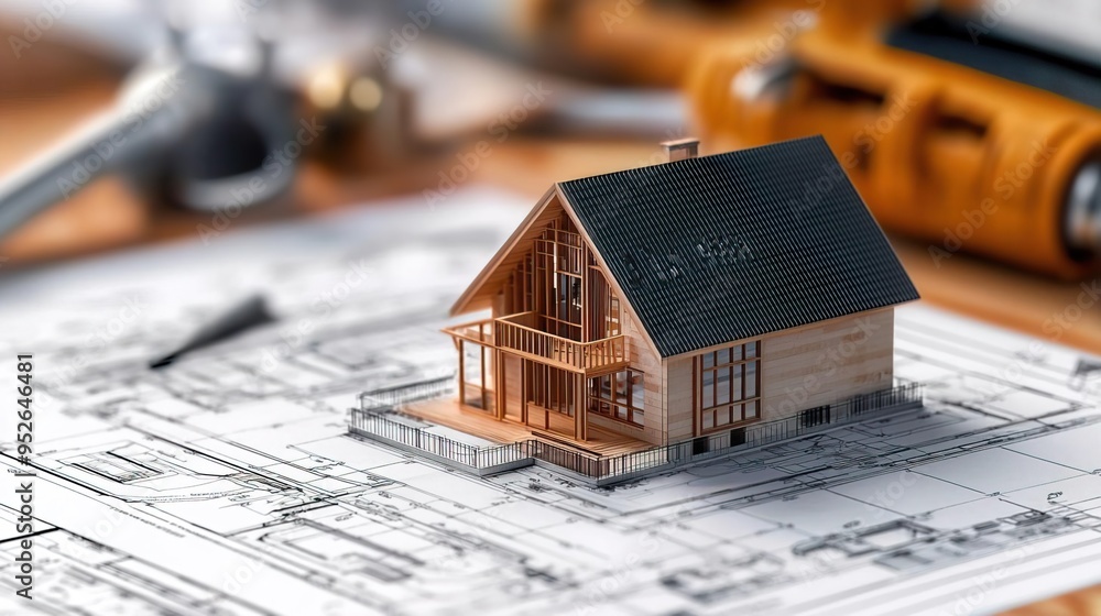 A detailed model house sits atop architectural blueprints, representing ...