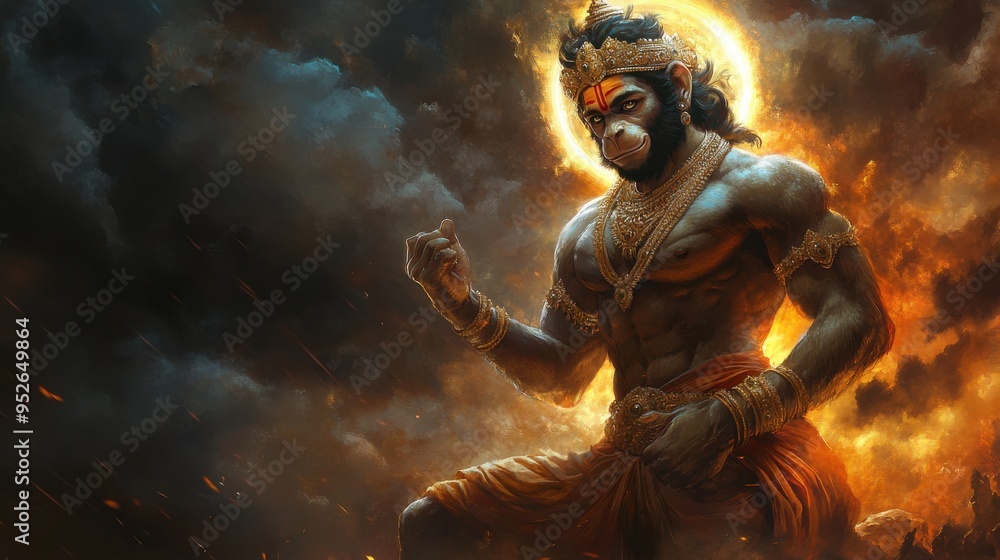 Lord Hanuman in Fiery Glory: A majestic illustration of the Hindu deity ...
