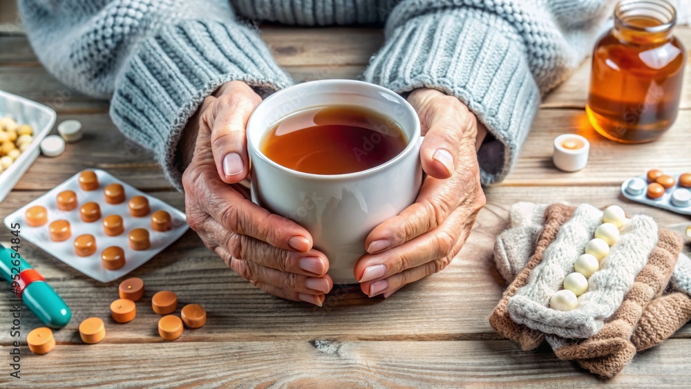 Aged hands grasping a warm cup of tea, surrounded by medication and ...
