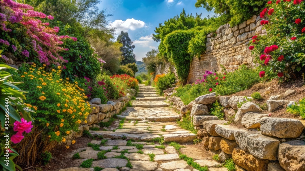 Ancient weathered stone bricks form a worn pathway through a historic ...