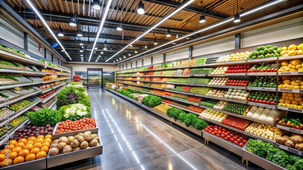 Brightly lit, sleek, and spacious modern supermarket interior with rows ...