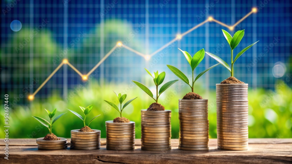 Business growth concept: arrow-shaped plants sprouting from coins ...