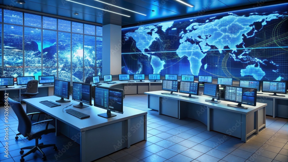 Ilustração do Stock: Centralized command center with multiple computer ...